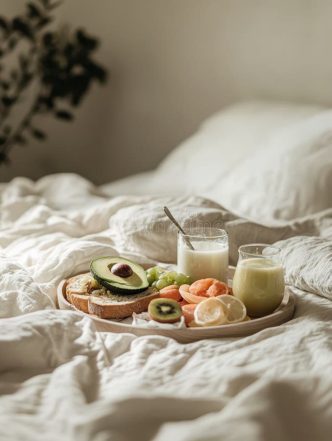 A Cozy Breakfast Tray on a Bed Featuring Fruits, Smoothies, and Toast ...