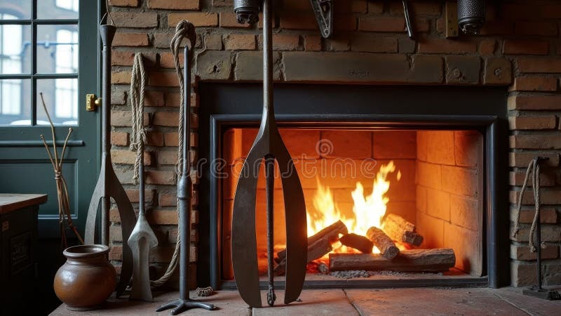 Cozy Brick Fireplace Warm Flames Traditional Fire Tools Stock Photos ...