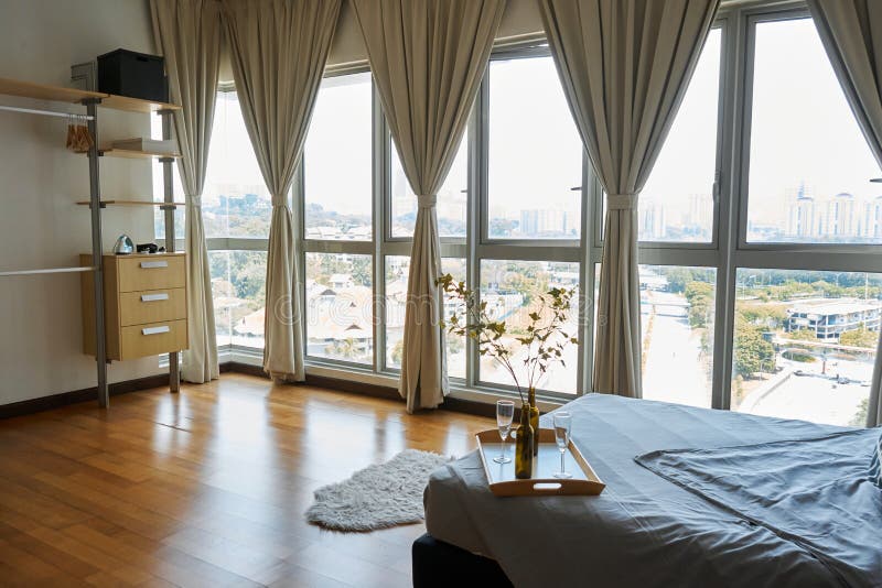 Cozy Bright Studio Room Interior with Huge Panoramic Windows Stock ...