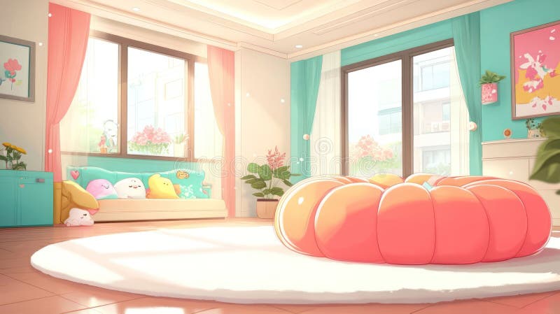Sunny Cartoon Room Interior Design with Plush Pumpkin Seat Stock ...