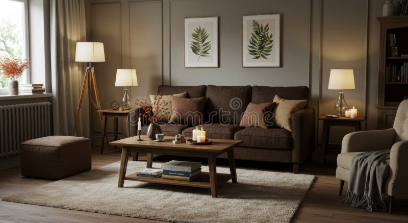 Cozy Brown Living Room Interior Design with Warm Lighting Stock Illustration - Illustration of ...