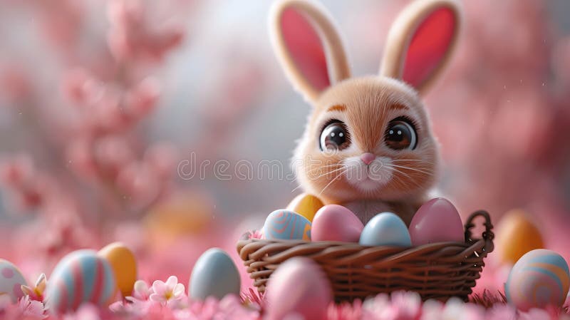 A Cozy Bunny Scene, Easter Eggs in Tow. Stock Illustration ...