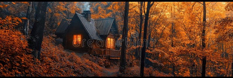 Cozy Cabin in Autumn Forest at Sunset Stock Image - Image of forest ...
