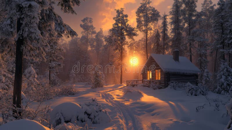 A Cozy Cabin Bathed in the Golden Glow of a Winter Sunset Stock ...