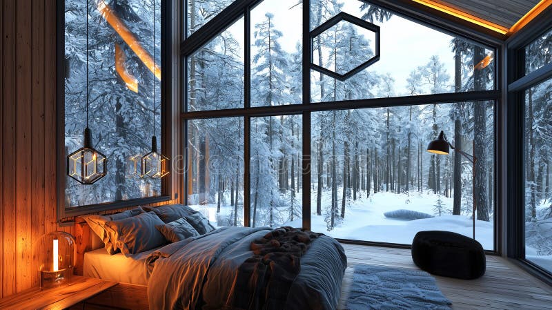 Cozy Cabin Bedroom with Large Windows Overlooking Snowy Forest ...