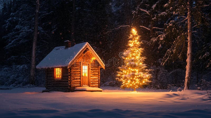 Cozy Cabin with Christmas Tree Illuminated in Snowy Forest at Night ...