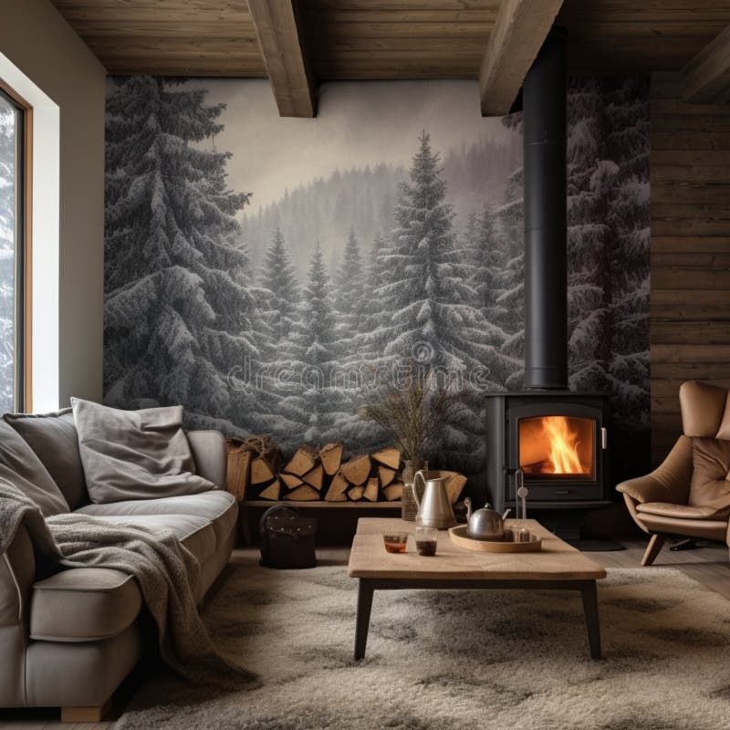 A Cozy Cabin with a 3D Pine Tree Wall Mural and a Rustic Stock ...