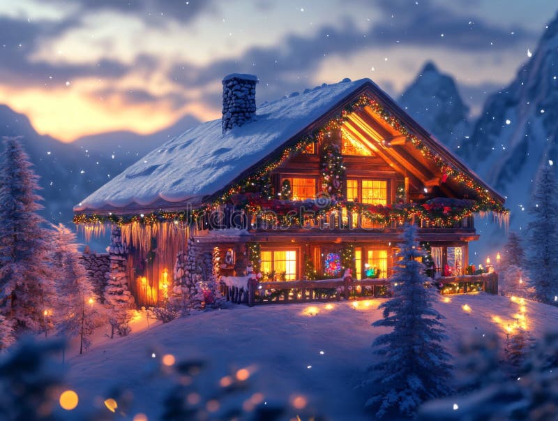 A Cozy Cabin Decorated for Christmas in a Snowy Mountain Setting Stock ...