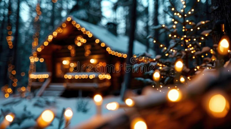 A Cozy Cabin Decorated for Christmas in the Woods Stock Illustration ...