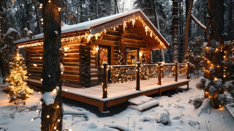 A Cozy Cabin Decorated for Christmas in the Woods Stock Illustration ...