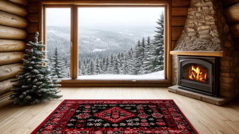 Cozy Cabin Features a Fireplace, a Red and Black Rug, and Snow-draped ...