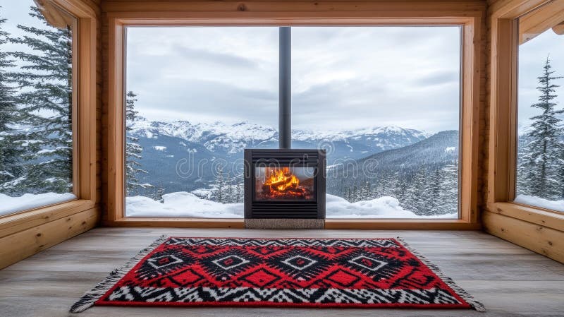 Cozy Cabin Features a Fireplace, a Red and Black Rug, and Snow-draped ...
