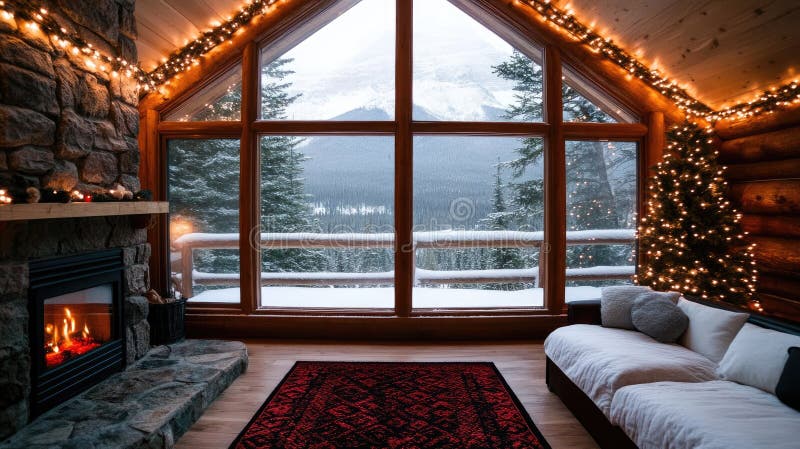 Cozy Cabin Features a Fireplace, a Red and Black Rug, and Snow-draped ...