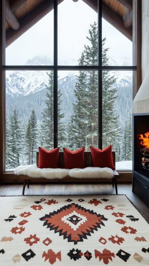Cozy Cabin Features a Fireplace, a Red and Black Rug, and Snow-draped ...