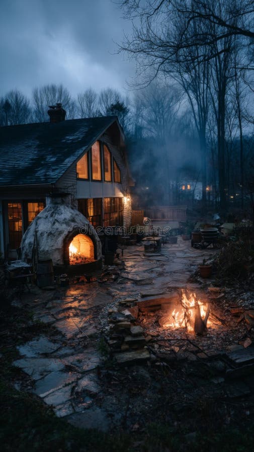 Cozy Cabin Fire at Night in the Woods Stock Illustration - Illustration of stone, evening: 384944309