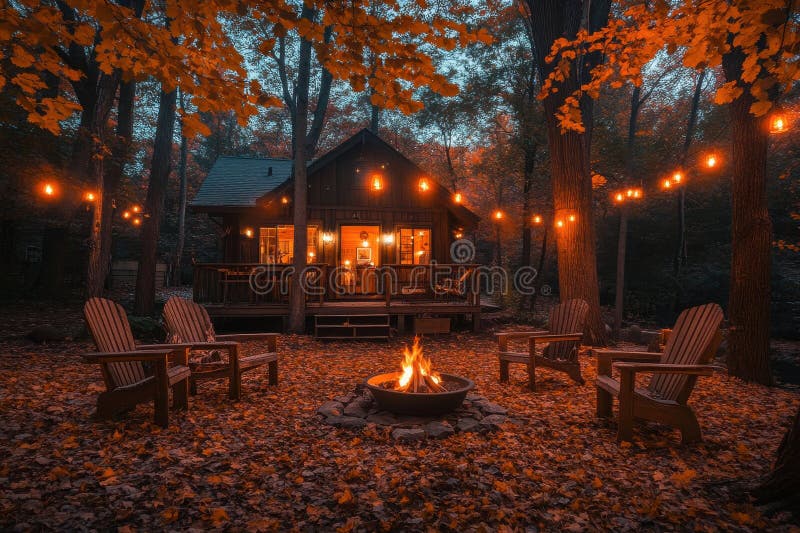 A Cozy Cabin with a Fire Pit and Several Chairs Stock Image - Image of ...