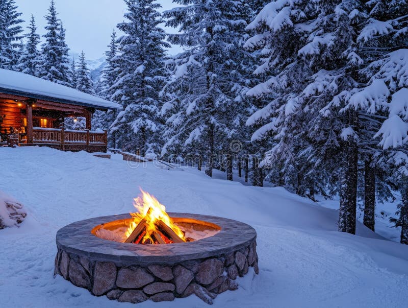 A Cozy Cabin with a Fire Pit in the Snow Stock Photo - Image of night ...