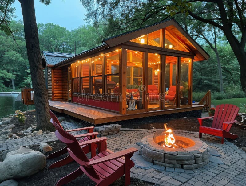 Cozy Cabin with Fire Pit and String Lights in Forest Setting Stock ...