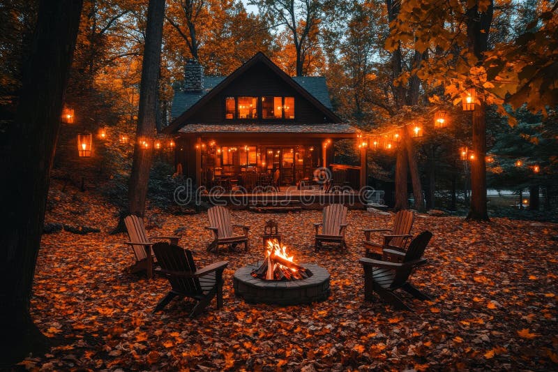 A Cozy Cabin with a Fire Pit Surrounded by Chairs and a Fireplace Stock ...