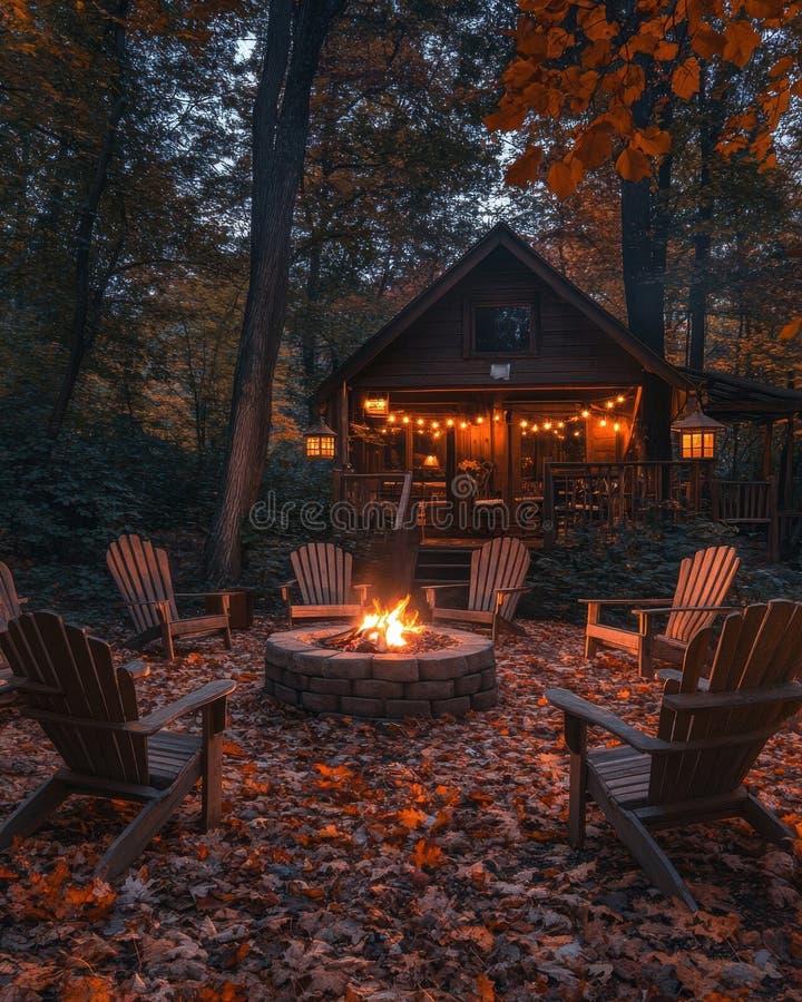 A Cozy Cabin with a Fire Pit Surrounded by Chairs Stock Photo - Image ...