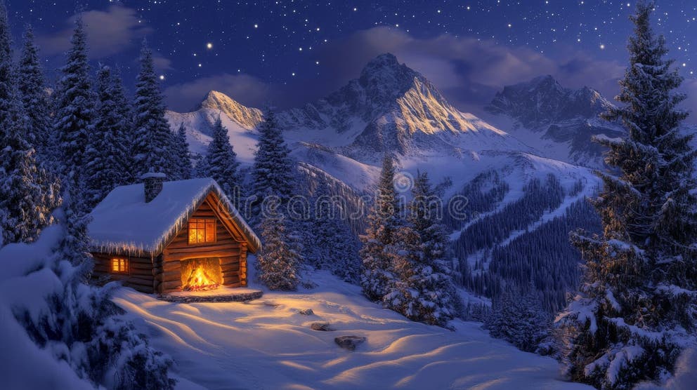 Cozy Cabin Firelight Winter Mountain Night Scene Stock Illustration ...