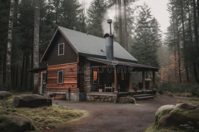 A Cozy Cabin with a Fireplace and Chimney, Surrounded by Forest Stock ...