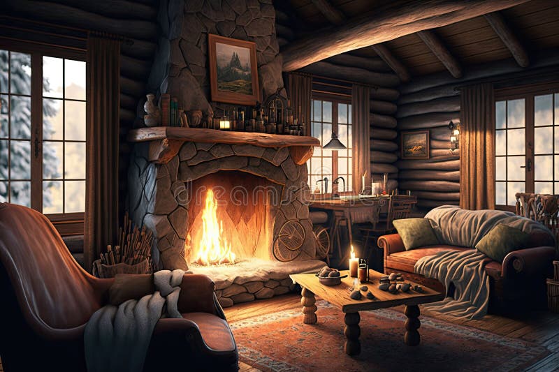 Cozy Cabin with Fireplace and Comfy Sofas Stock Image - Image of cabin ...
