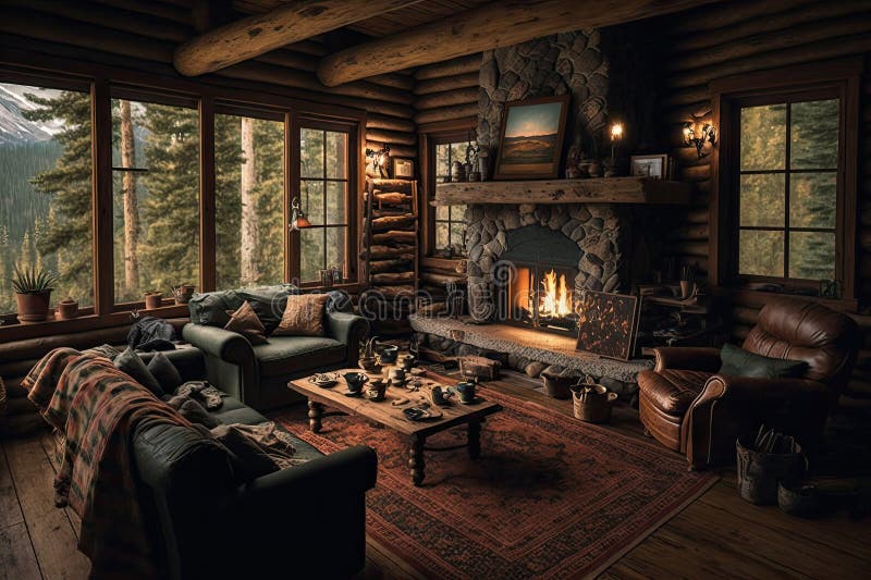 Cozy Cabin with Fireplace and Comfy Sofas Stock Illustration ...