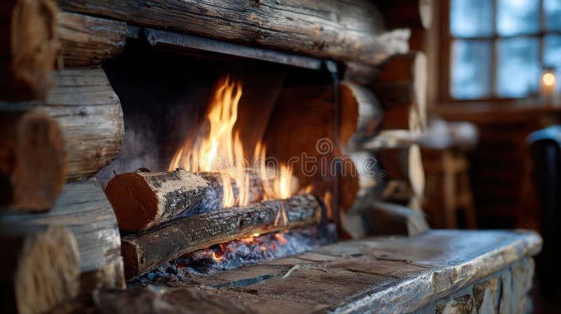 Cozy Cabin Fireplace: Rustic Ambiance and Radiant Flames Stock Image ...