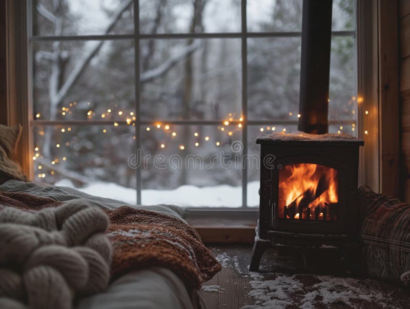 Cozy Cabin with Fireplace and Snowy View Stock Photo - Image of snow ...