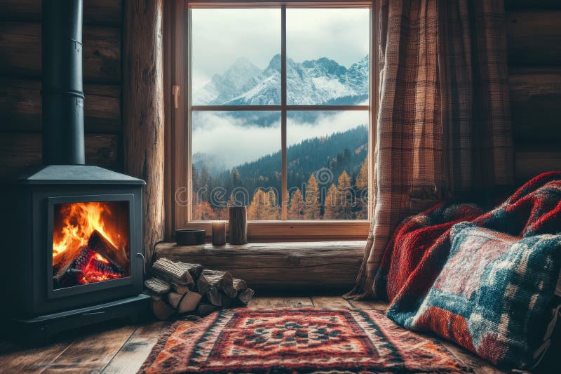 Cozy Cabin Fireplace with a Warm Blanket on the Floor for a Relaxing ...