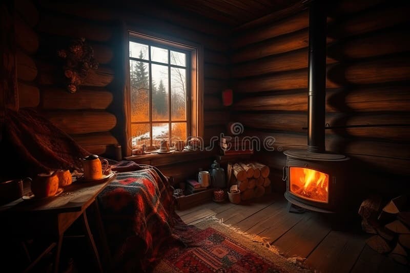 Cozy Cabin with Fireplace, Warm Blankets and Hot Mug of Tea Stock ...