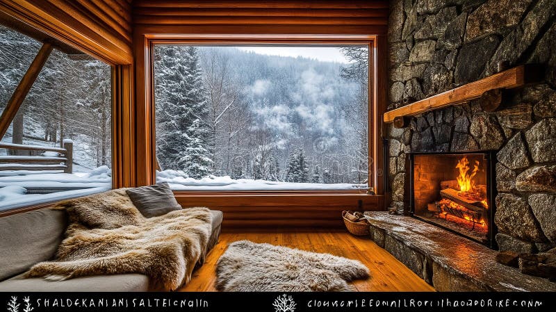 Cozy Cabin Fireplace Winter Mountain View Relaxation Stock Photo ...