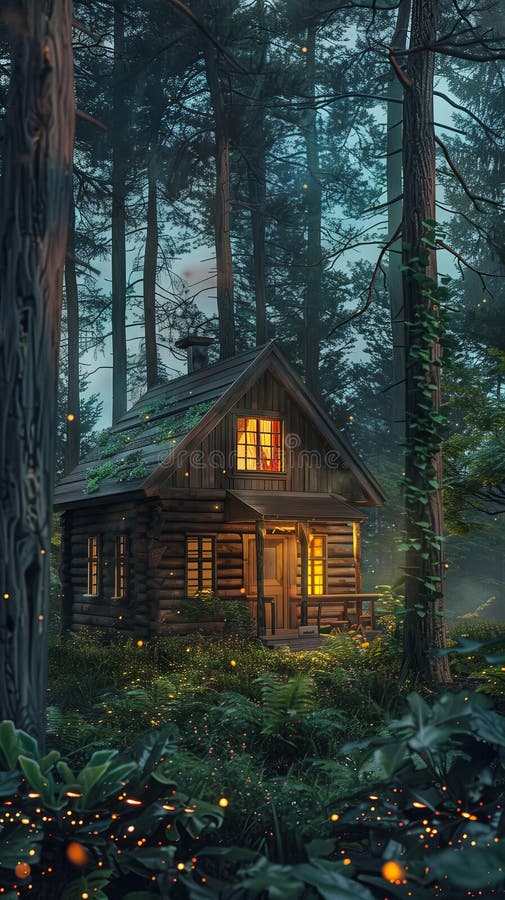 Cozy Cabin in the Forest with Warm Lighting Stock Photo - Image of warm ...