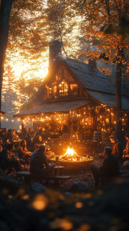 Cozy Cabin Gathering Around a Campfire in the Forest at Sunset ...