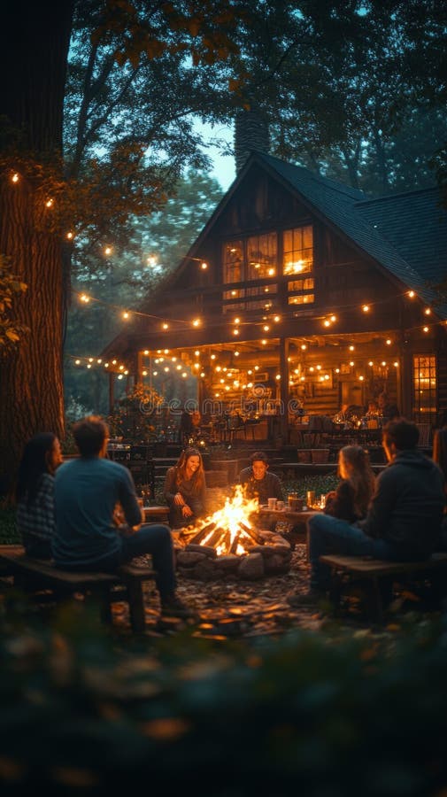 Cozy Cabin Gathering with Fire Pit and String Lights - Photo Stock ...