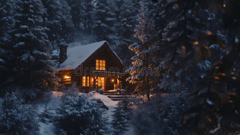 Cozy Cabin Illumination Amidst Snow-covered Forest at Night Stock Photo ...