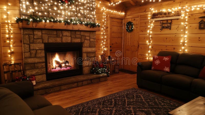 Cozy Cabin Interior with Christmas Lights and Fireplace Ambiance Stock ...