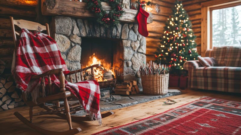 Cozy Cabin Interior with Christmas Tree and Fireplace in Winter ...