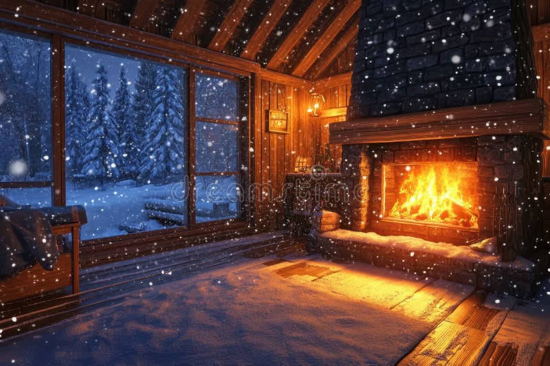 Cozy Cabin Interior Crackling Fire Snow Falling Outside Winter Stock ...