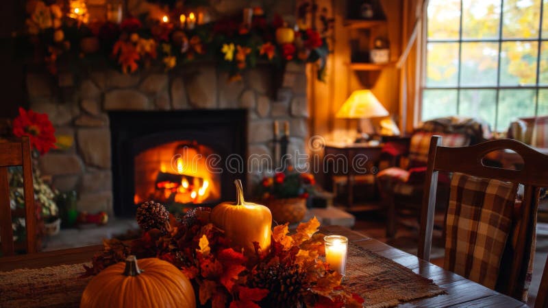 Cozy Cabin Interior with Fall Decor and a Lit Fireplace Stock ...