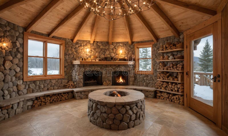 Cozy Cabin Interior Features Stone Fireplace, Stone Bench, and Round ...