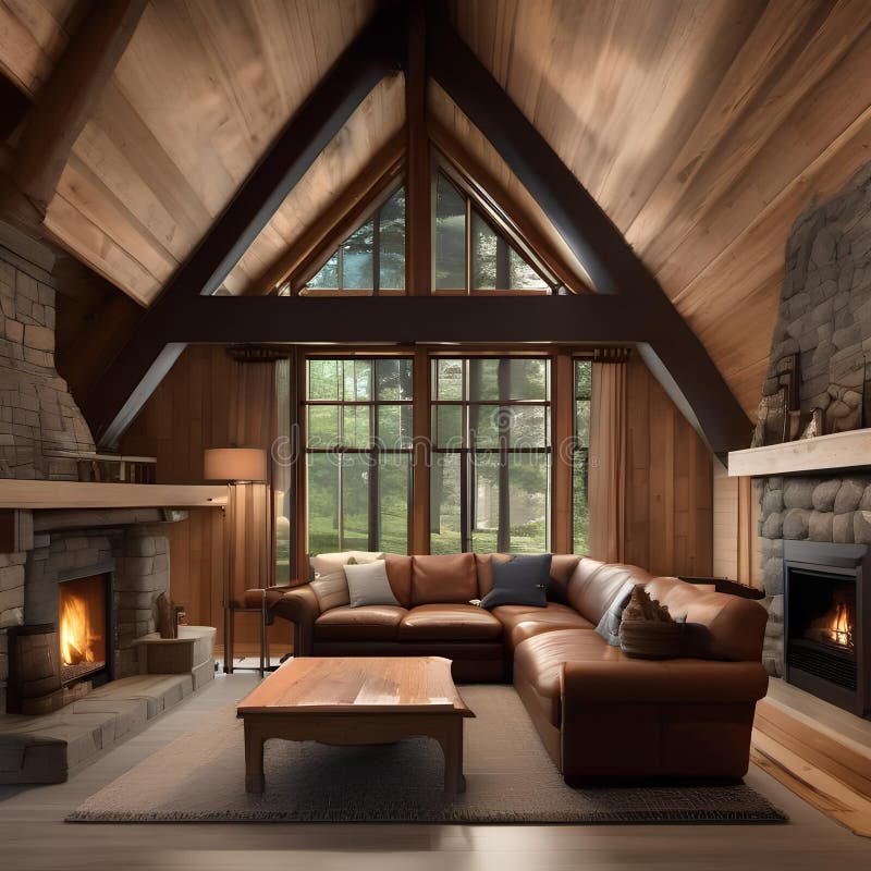 A Cozy Cabin Interior Featuring a Stone Fireplace, Wooden Beams, and ... A Cozy Cabin Interior Featuring a Stone Fireplace, Wooden Beams, and ...