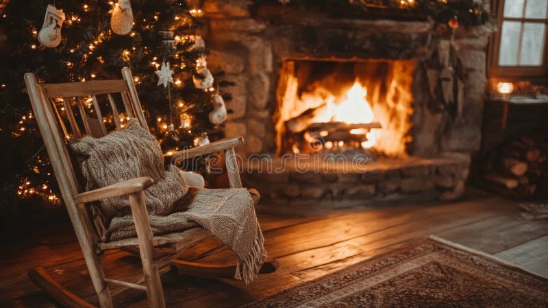 Cozy Cabin Interior with Fireplace and Christmas Tree in Rustic Setting ...