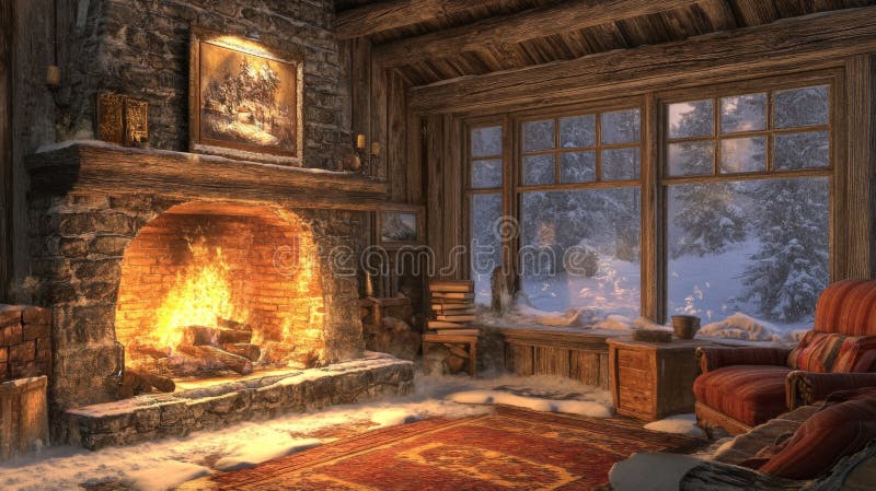 Cozy Cabin Interior with Fireplace and Snowy View Stock Illustration ...