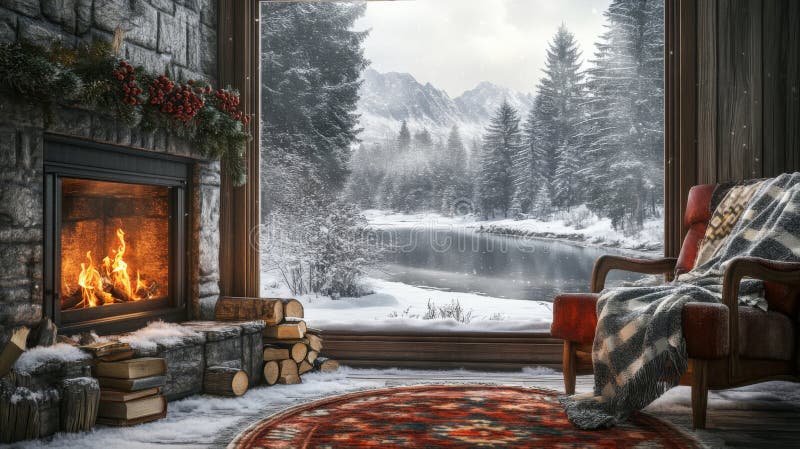 Cozy Cabin Interior with Fireplace and Snowy View Stock Illustration ...
