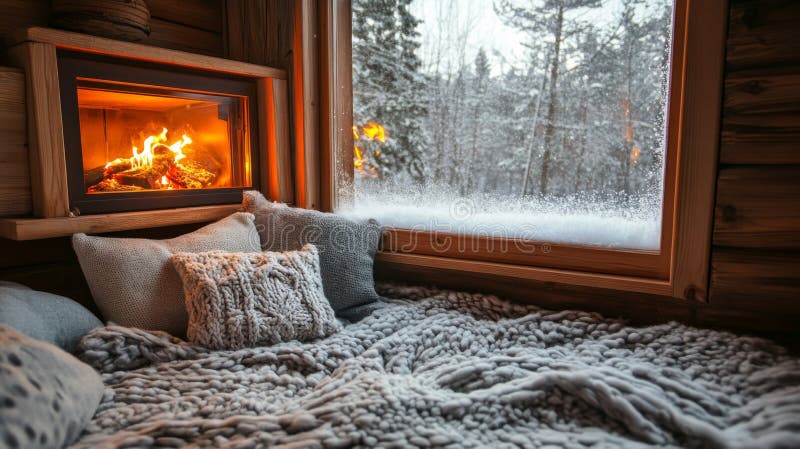 Cozy Cabin Interior with Fireplace and Snowy Window View Stock ...
