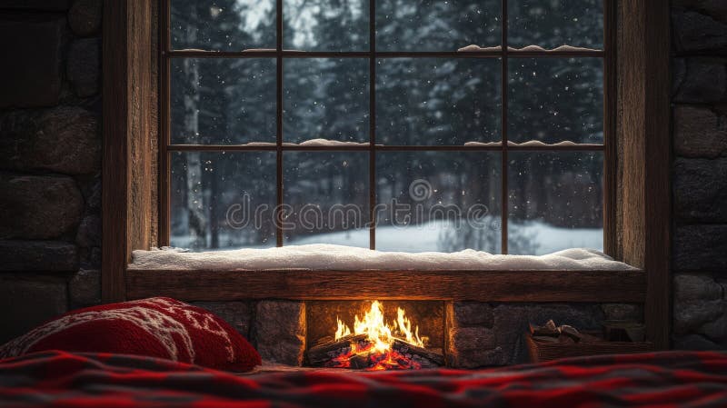 Cozy Cabin Interior with Fireplace and Snowy Window View Stock ...