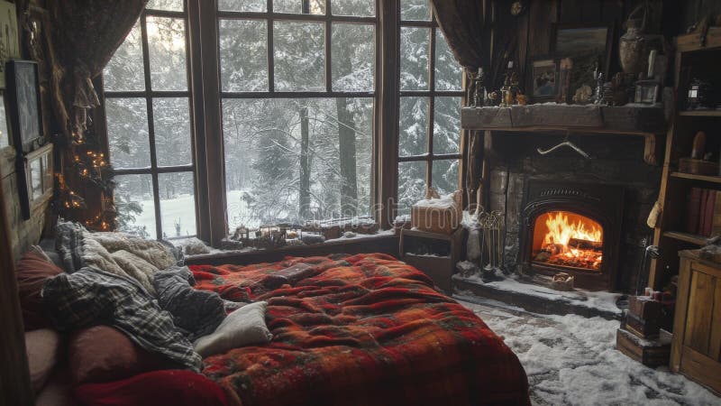 Cozy Cabin Interior with Fireplace and Snowy Window View Stock ...