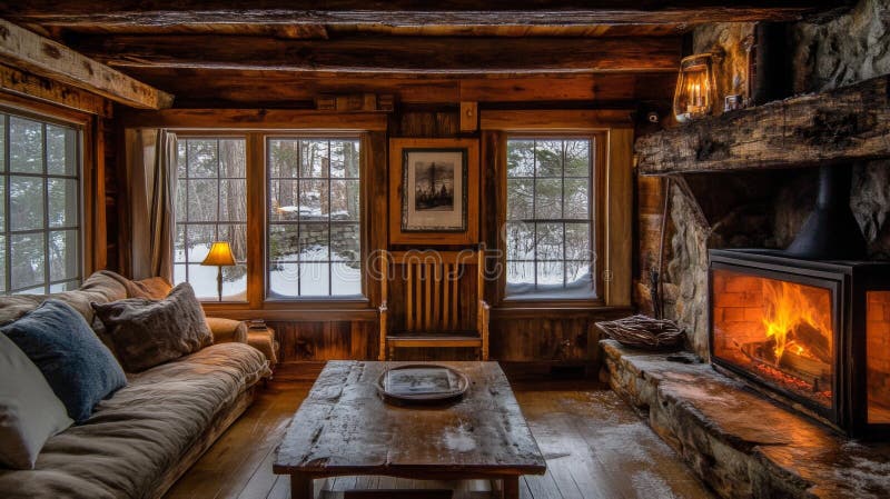 Cozy Cabin Interior with a Fireplace and Snowy Window Views Stock ...
